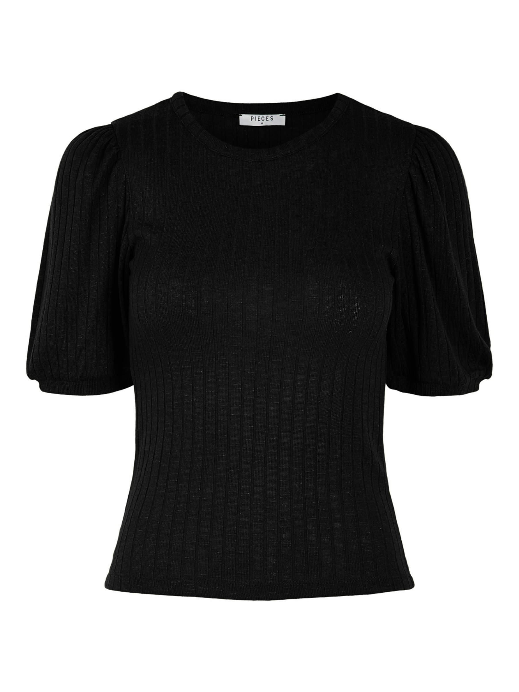 Geripptes PuffÄrmel Oberteil Schwarz Pieces® Deutschland